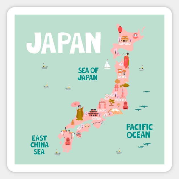 Japan Illustrated Map - Japan - Sticker | TeePublic