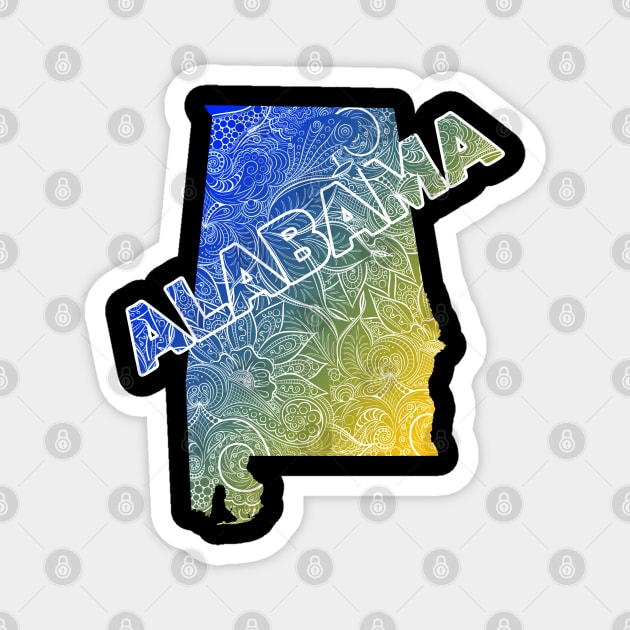 Colorful mandala art map of Alabama with text in blue and yellow ...