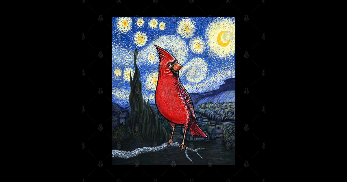 Red Cardinal bird and Van Gogh starry night painting - Red Cardinal Red ...