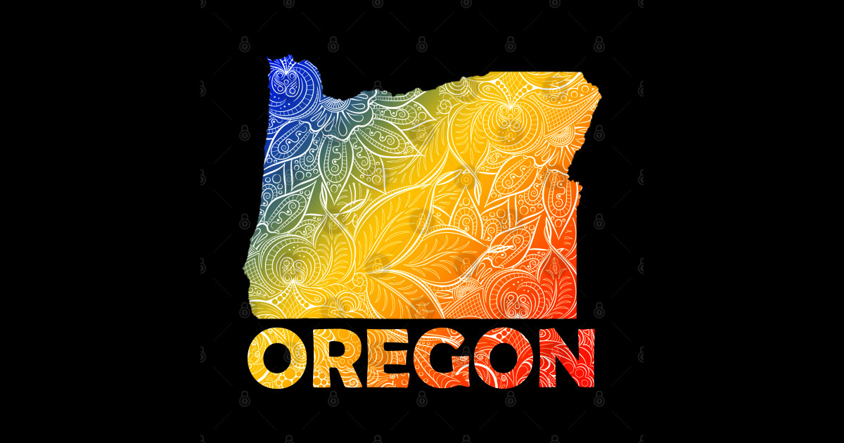 Colorful mandala art map of Oregon with text in blue, yellow, and red ...