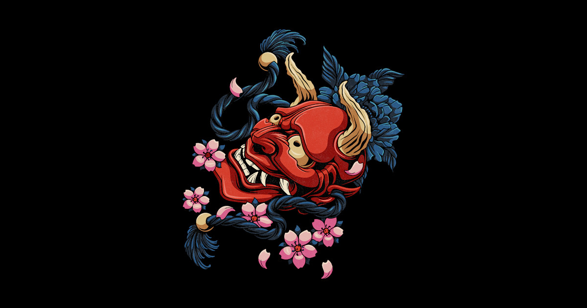 Japanese Red Oni Mask Tattoo With Sakura - Oni - Sticker | TeePublic