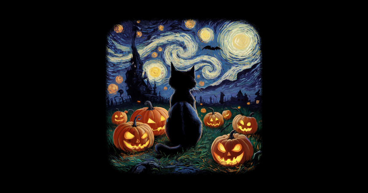 Halloween Black Cat Van Gogh Starry Night Pumpkins Bats - Van Gogh ...