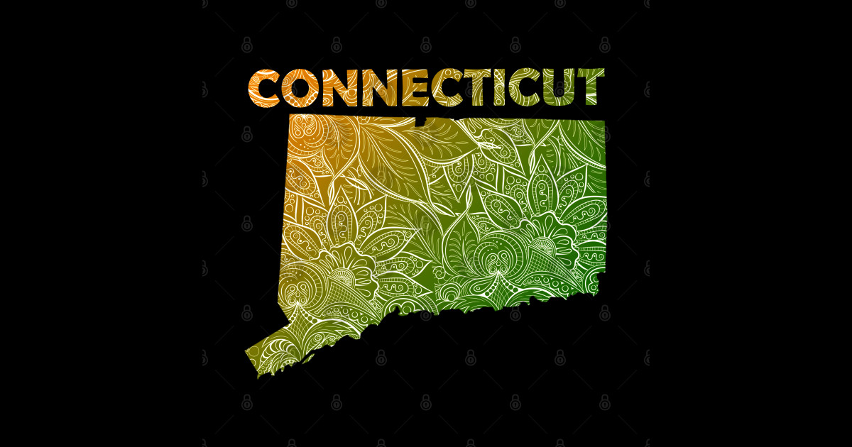 Colorful mandala art map of Connecticut with text in green and orange ...