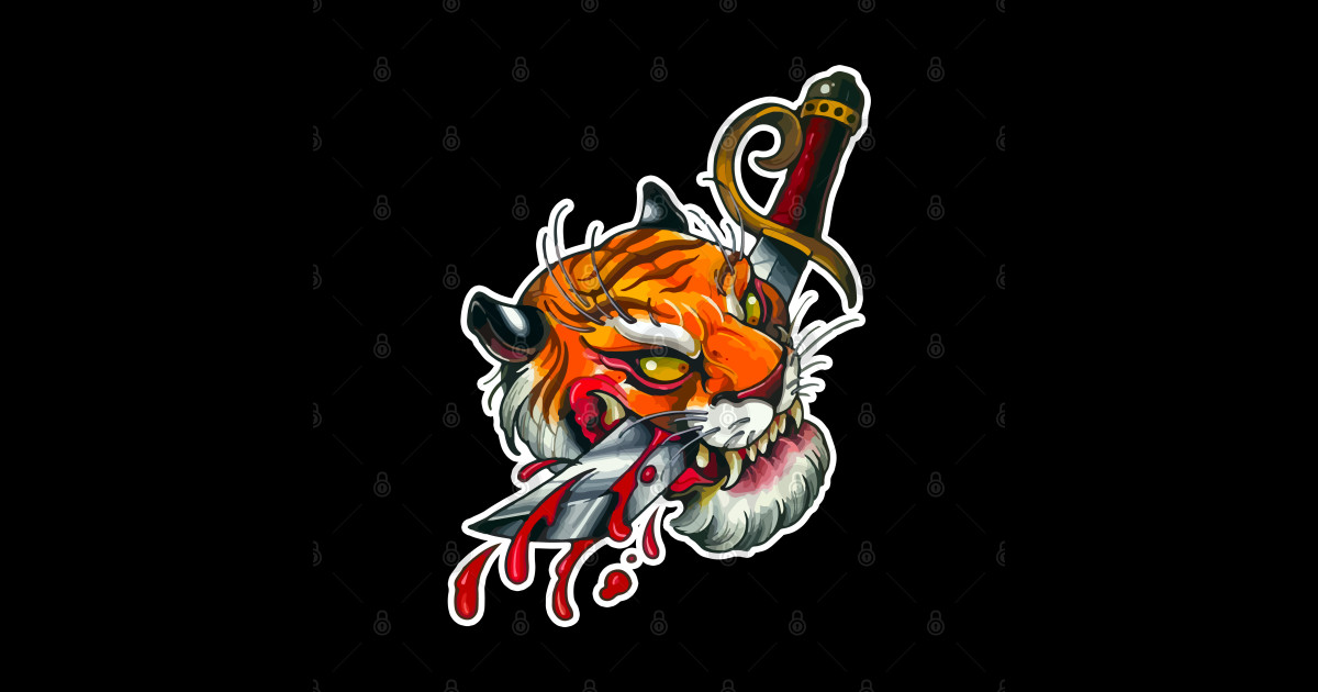 Furious tiger warrior biting a sword - Tiger - Sticker | TeePublic