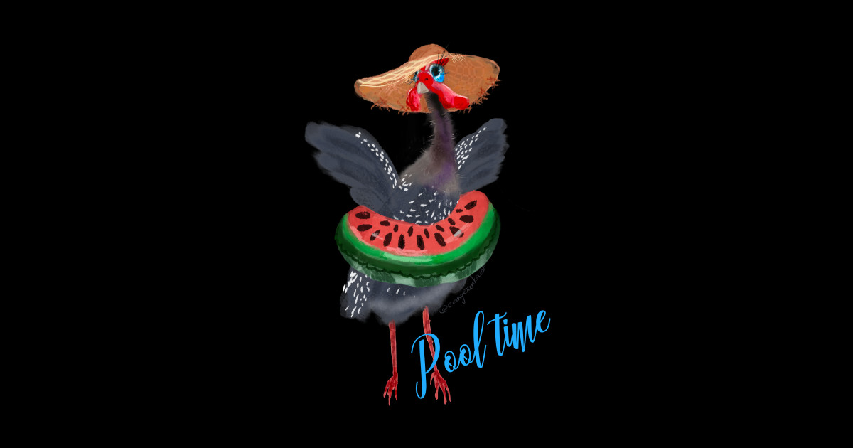 Pool time, cute guinea fowl in watermelon swimming circle and hat ...