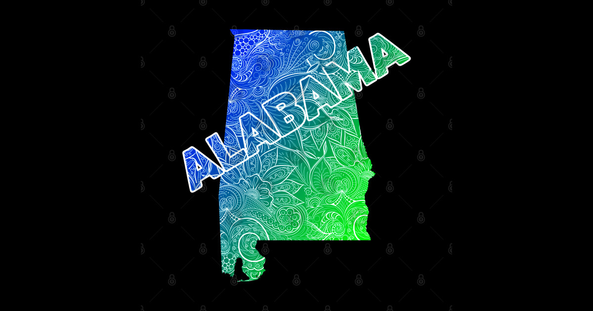 Colorful mandala art map of Alabama with text in blue and green ...