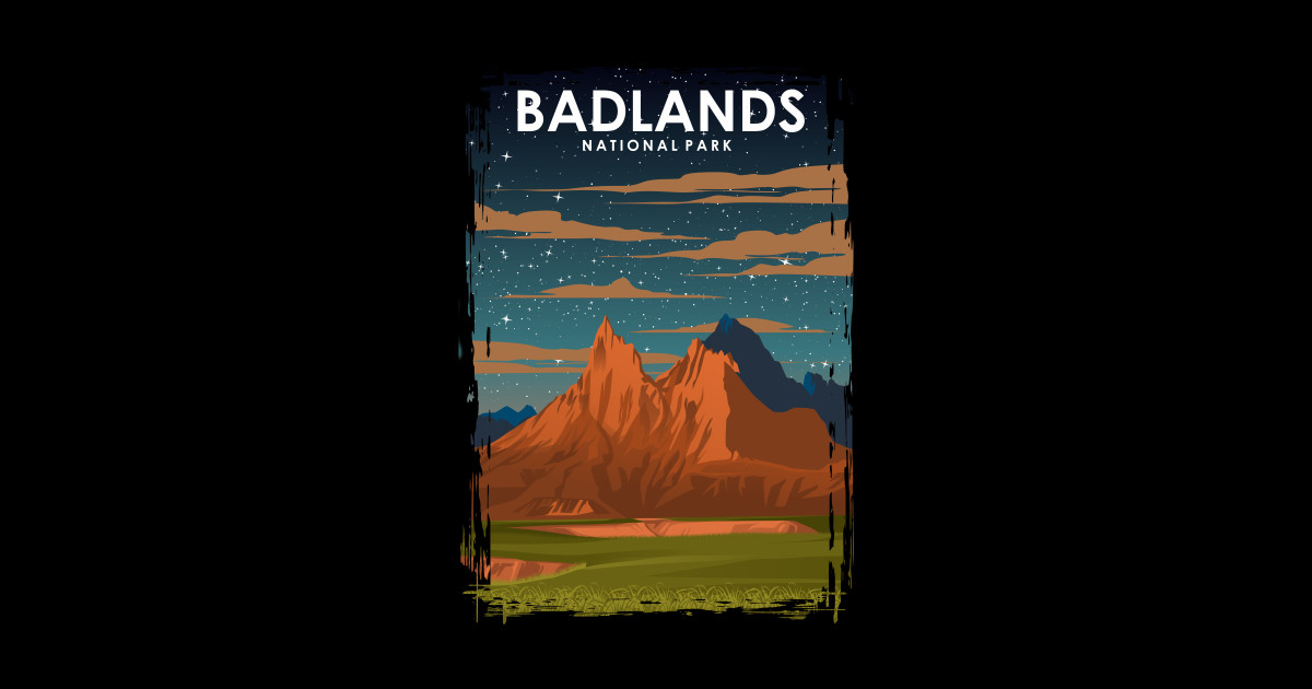 Badlands National park Vintage Minimal Retro Travel Poster at Night ...