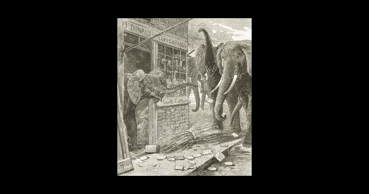Elephants running amok in the city 1900 - Elephants - Sticker | TeePublic