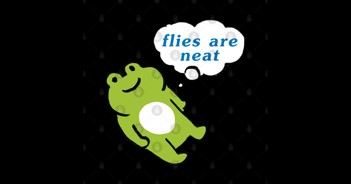 kawaii cute green frog contemplating life / flies are neat text - Cute Frog - Sticker | TeePublic