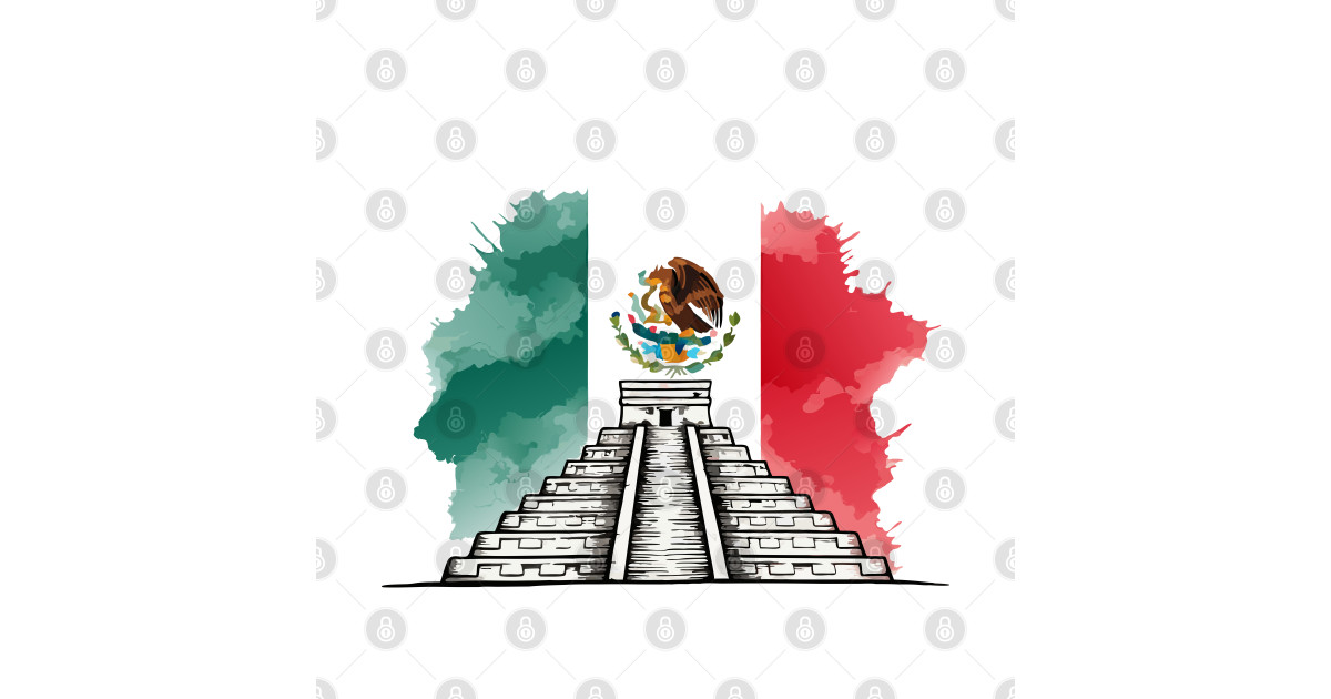 Chichen Itza Pyramid Watercolor Art with Mexican Flag - Mexican Pride ...