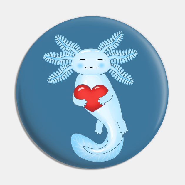 Cute Blue Axolotl holding a red heart - Exotic - Pin | TeePublic