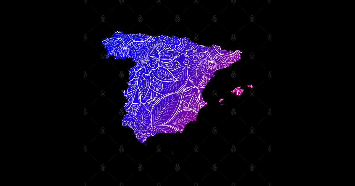 Colorful mandala art map of Spain with text in blue and violet - Spain ...
