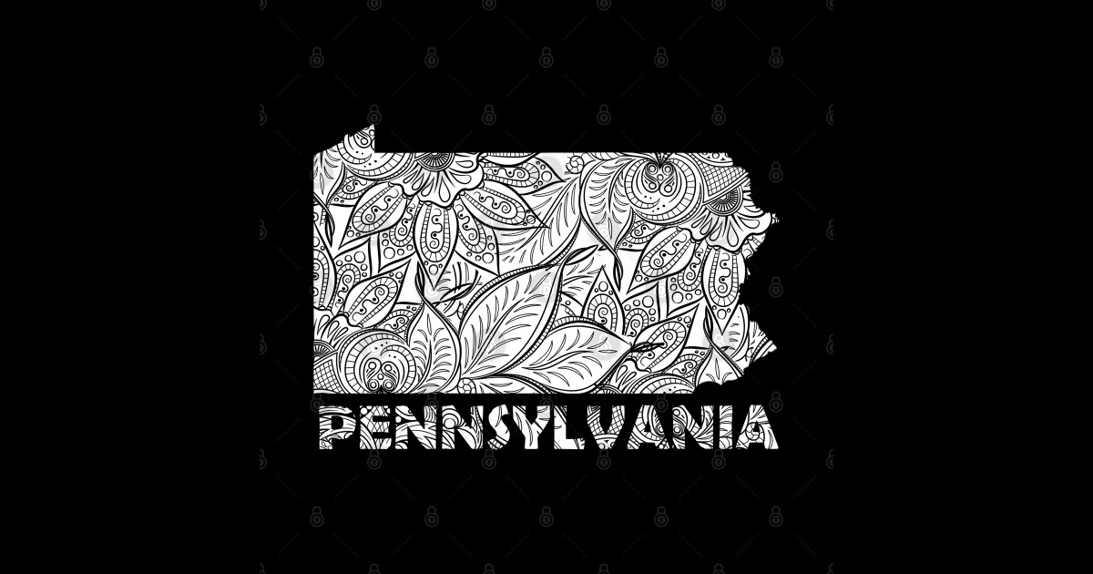 Mandala art map of Pennsylvania with text in white - Pennsylvania - Pin ...