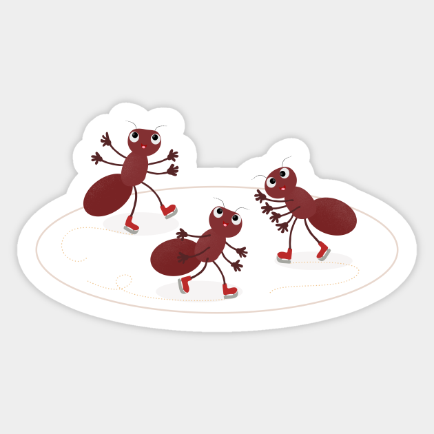 Happy red ants ice skating cartoon - Ants - Sticker | TeePublic