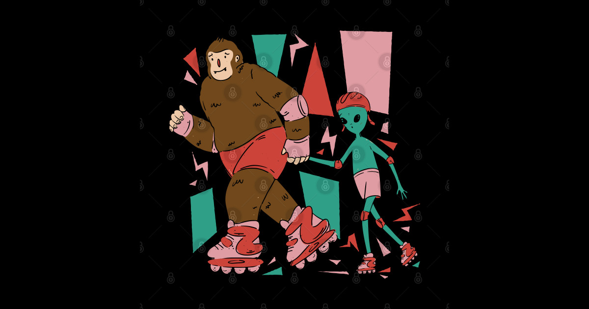 Funny Bigfoot And Alien Skating Roller Skate - Skating - Sticker ...