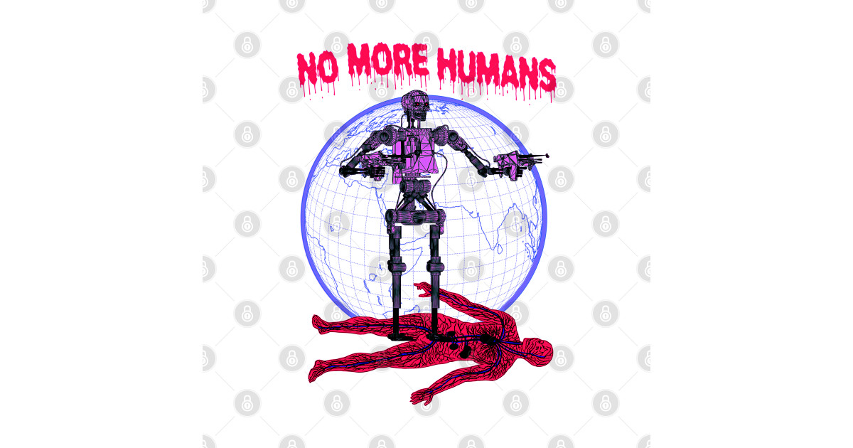 No More Humans Retro Sci Fi Robot Alien Futurism Cartoon - Funny - T ...