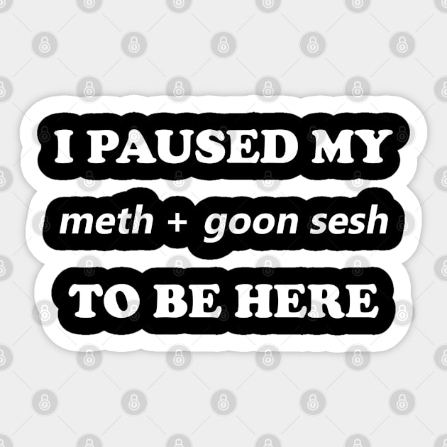 I Paused My Meth + Goon Sesh To Be Here - Funny Quote - Sticker | TeePublic