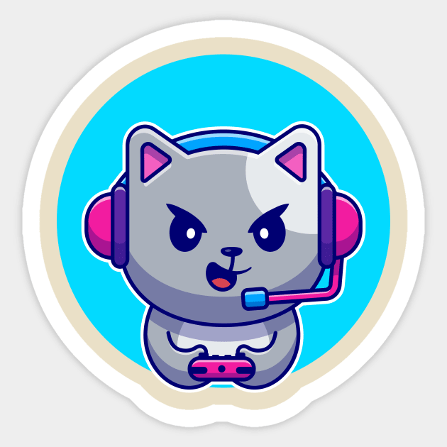 Cute Cat Gaming Cartoon - Cute Cat Gaming Cartoon - Sticker | TeePublic