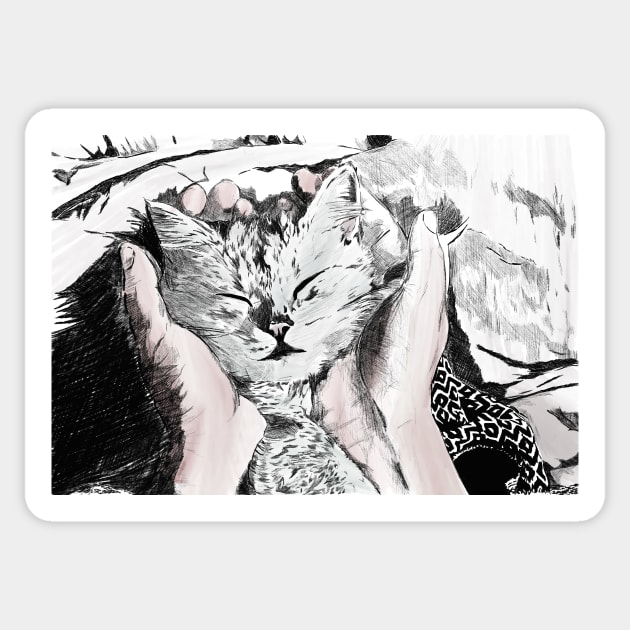Cat sleepy drawing - Cute - Sticker | TeePublic