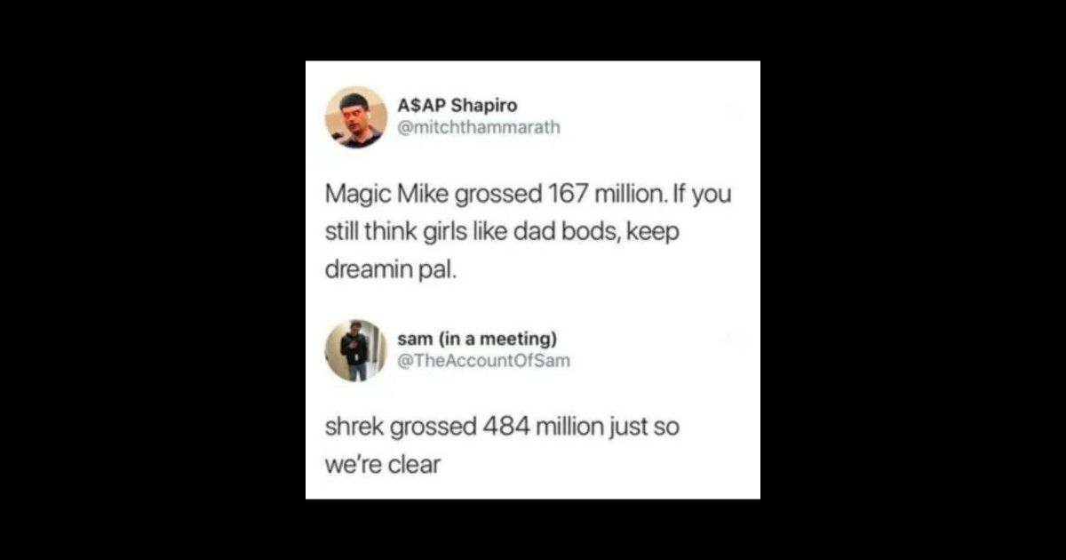 Shrek vs. Magic Mike - Dad Bod Wins - Meme - Pin | TeePublic