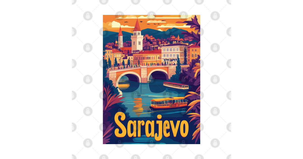 A colorful portrayal of Sarajevo features its iconic bridge and ...
