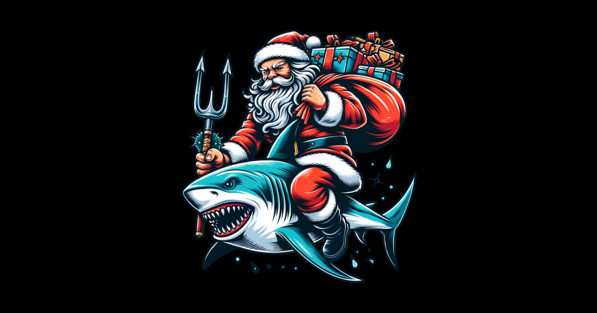 Funny Santa Riding a Shark with Trident - Christmas Nautical Design ...