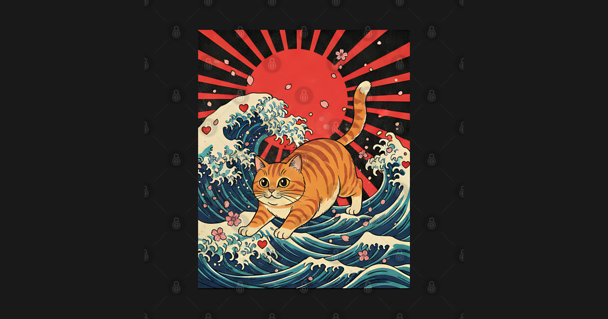 Japanese Cat Great Wave Valentine Ukiyo-e Love Art - Japanese Cat - T ...