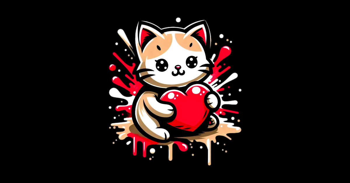 Cute Cat with Heart in Splash Art Style - Cat Heart Design - Sticker ...