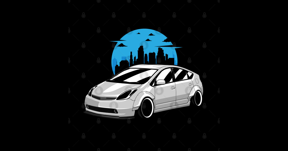 White Prius Widebody in City Skyline - Prius - Sticker | TeePublic