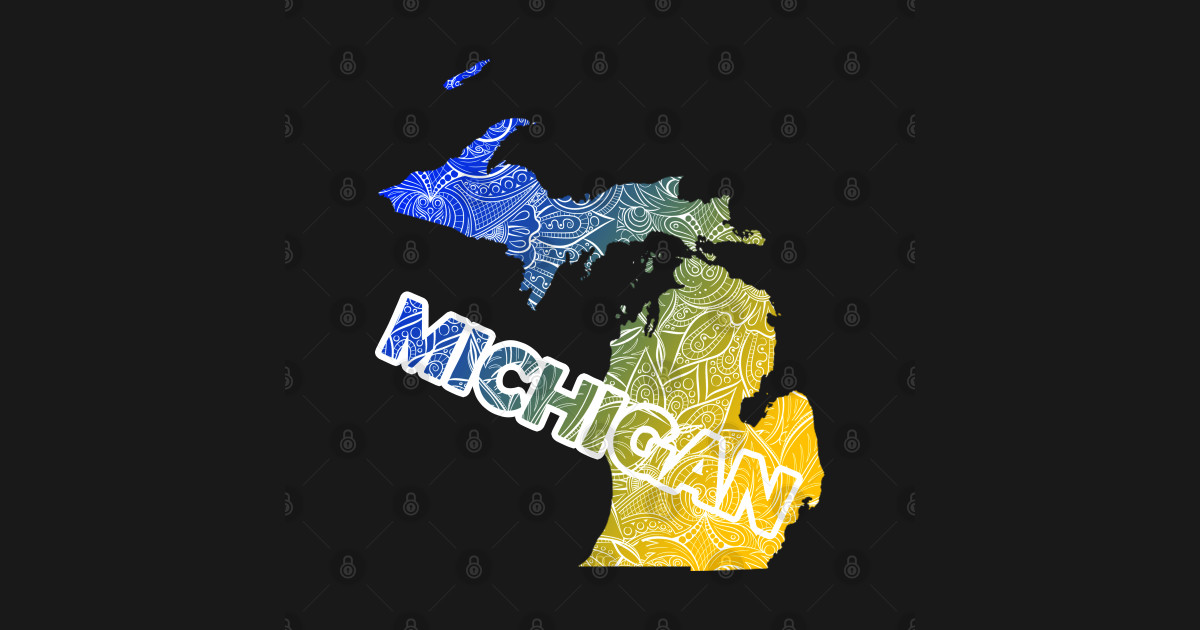 Colorful mandala art map of Michigan with text in blue and yellow ...