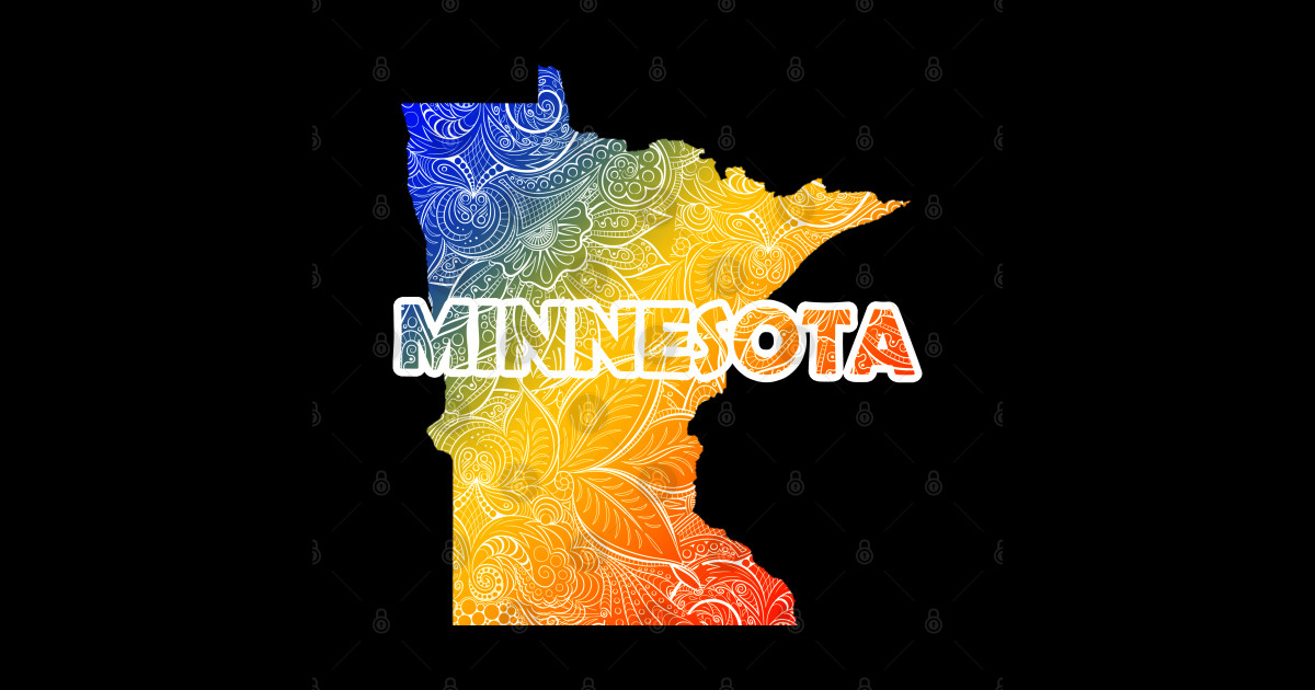 Colorful mandala art map of Minnesota with text in blue, yellow, and ...