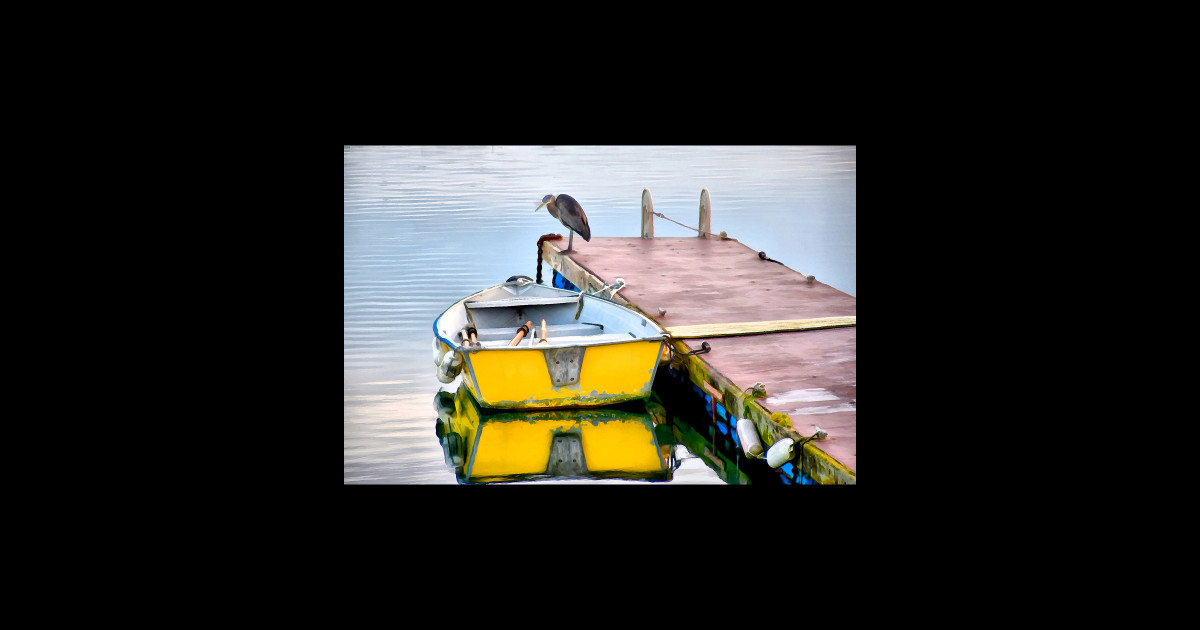 Yellow Skiff and Great Blue Herson on Lopez Island - Skiff - Sticker ...