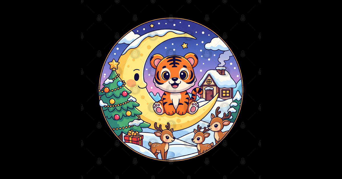 Christmas Tiger Cub on the Moon - Tiger - Sticker | TeePublic
