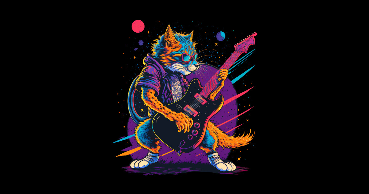 Retrowave Rockstar Cat - Retrowave Cat - Sticker | TeePublic