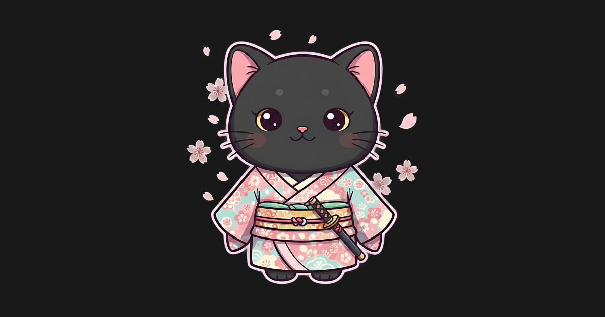 Cute Japanese Black Cat Valentine Kawaii Samurai Anime - Japanese Cat ...