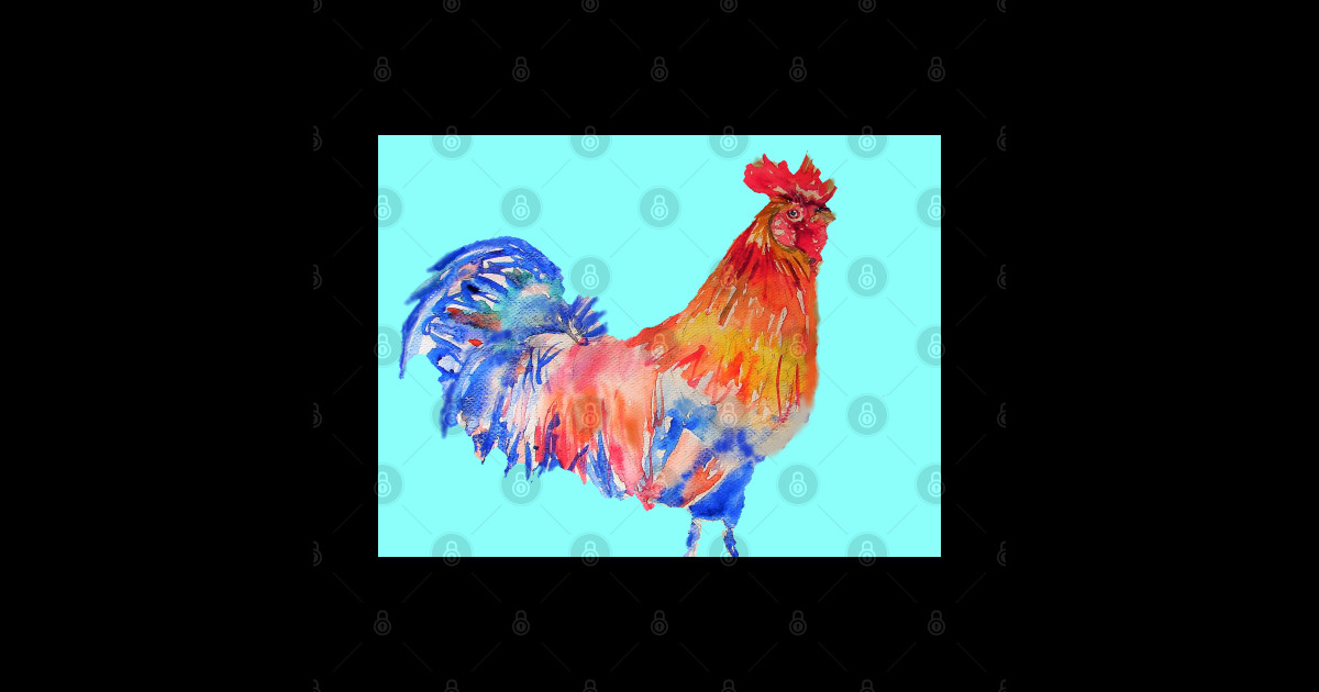 Rooster Chicken Watercolor Painting on Aqua - Roosters - Posters and Art Prints | TeePublic