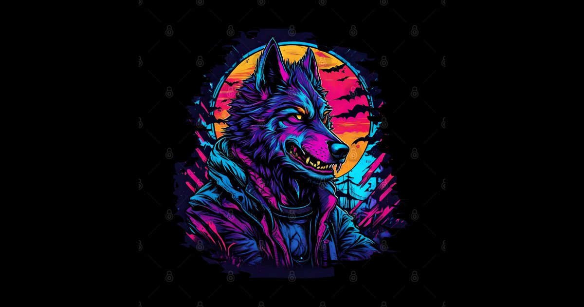 Synthwave Wolf Man - Wolf Art - Sticker | TeePublic