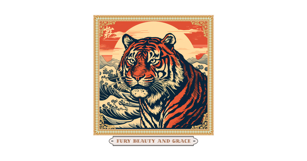 Tiger, Wave, Sun Japanese Art - Tiger Wave Sun Japanese Art - T-Shirt ...