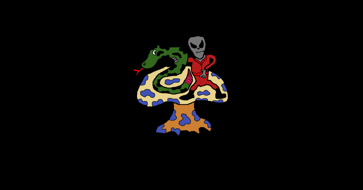 Funny alien on a mushroom with snake - Alien - Sticker | TeePublic