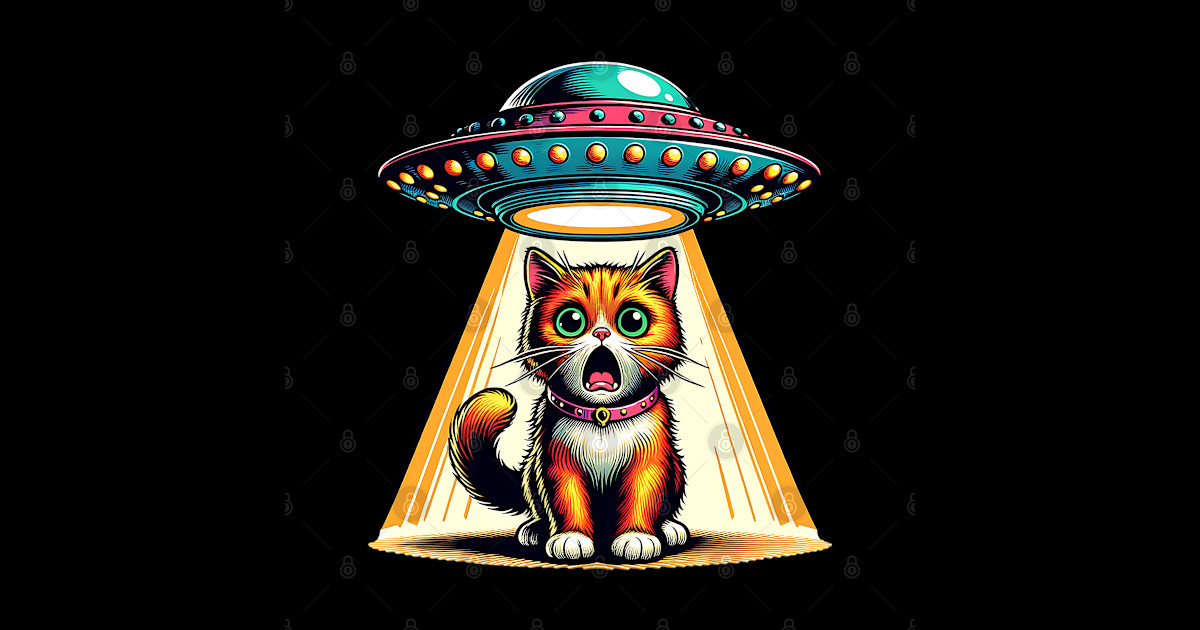 Shocked Cat And UFO Abduction Vintage Cartoon Style Drawing - Ufo Cat ...