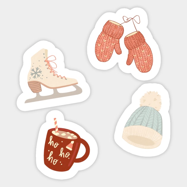 Snow Day Mittens, Cocoa, Ice Skates Pattern - Holiday - Sticker | TeePublic