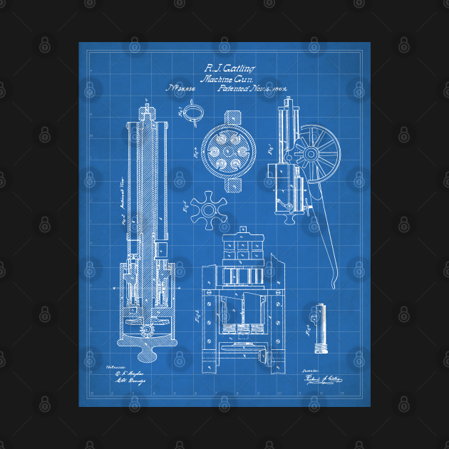 Gatling Machine Gun Patent - Gun Lover Gun Shop Art - Blueprint ...