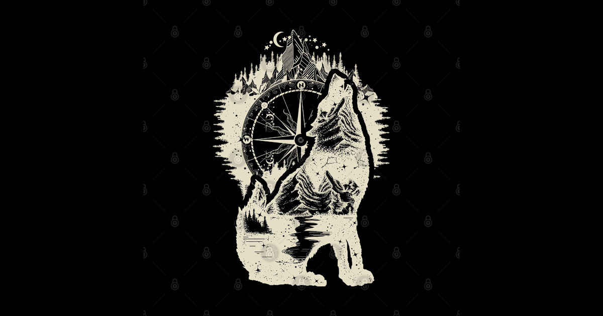 Wolf mountain and compass - Wolf - Sticker | TeePublic