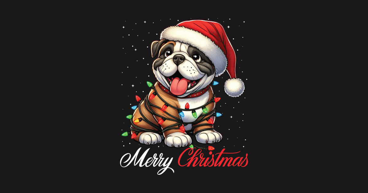 English Bulldog Merry Christmas Lights Santa Hat Xmas Snow - English ...