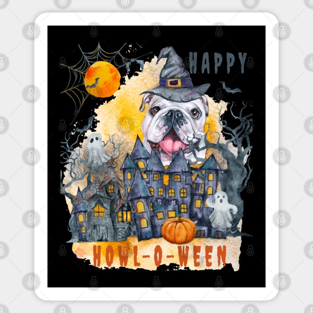 English bulldog Happy Howl-o-ween Ghost Houses Funny Watercolor ...