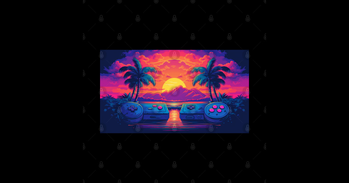 Retro Futuristic Game Controllers Synthwave Sun And Palms - Console ...