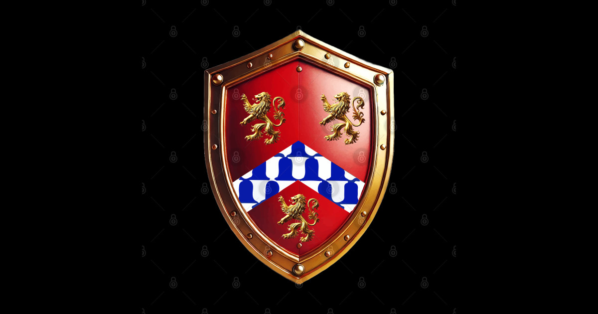 White Heraldic Shield Chequy Blue Chevron & Golden Lions on Red ...