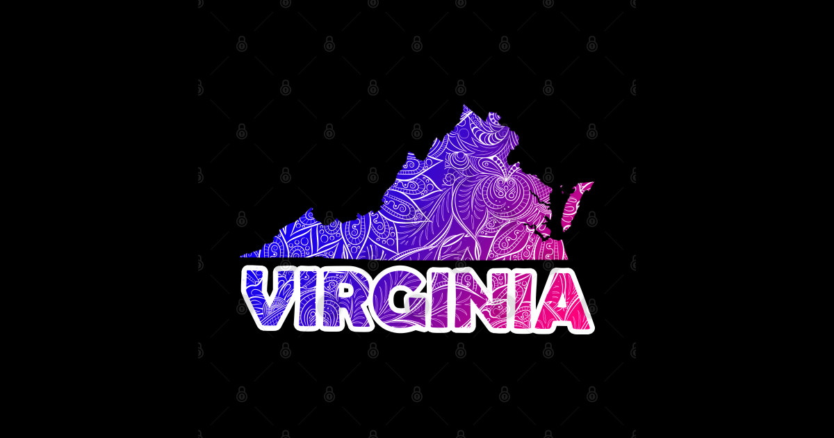 Colorful mandala art map of Virginia with text in blue and violet ...