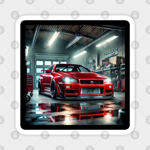 R34 Nissan Skyline GT-R in Active Red Garage Lurking V1 - Cars - Magnet ...