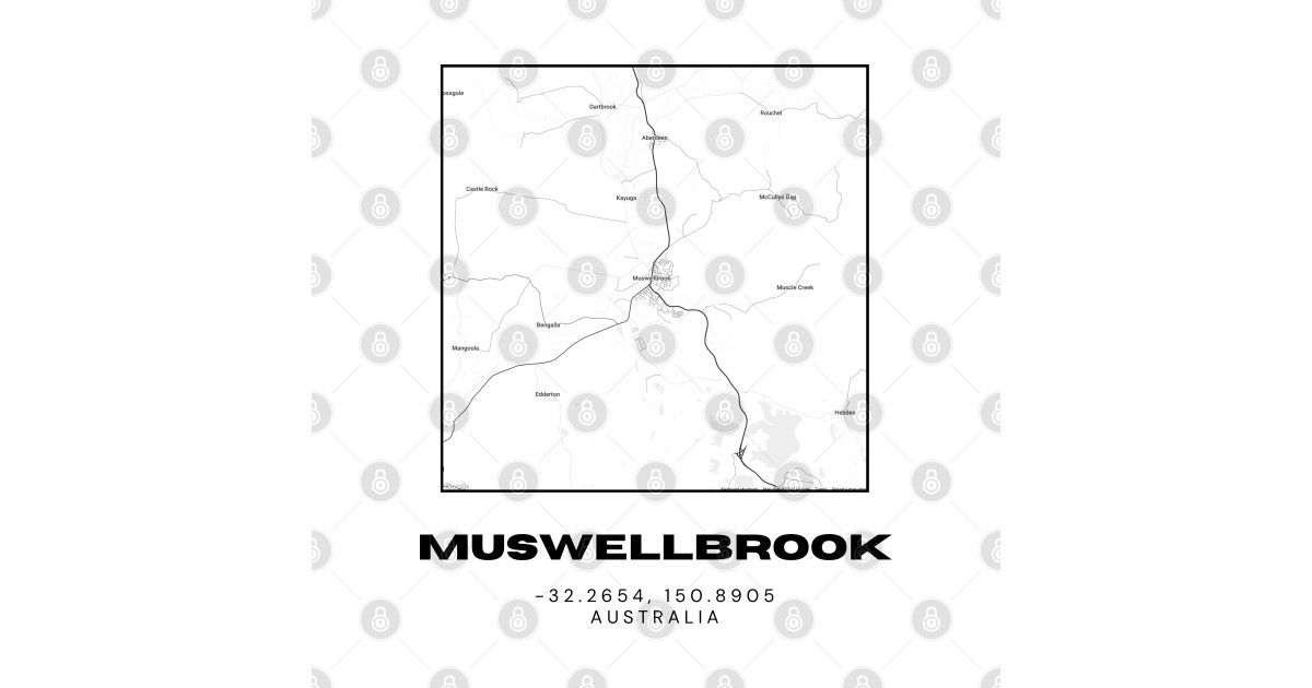 Minimalist Muswellbrook Map with Coordinates | Black and White Design ...